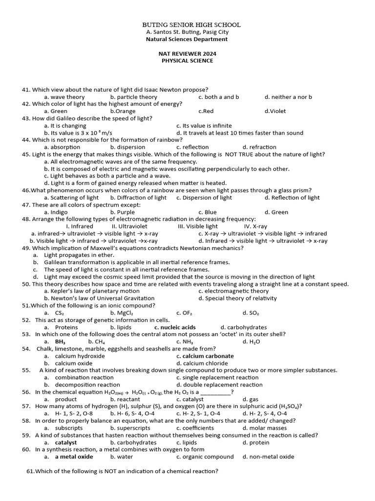Physical Science Exam Prep | PDF | Light | Chemical Reactions