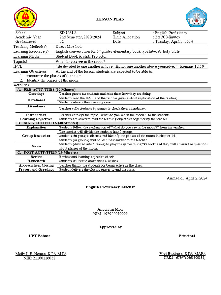 Lesson Plan - Chapter 14 - 5C - Anggreini Mole | PDF | Teachers | Education Theory