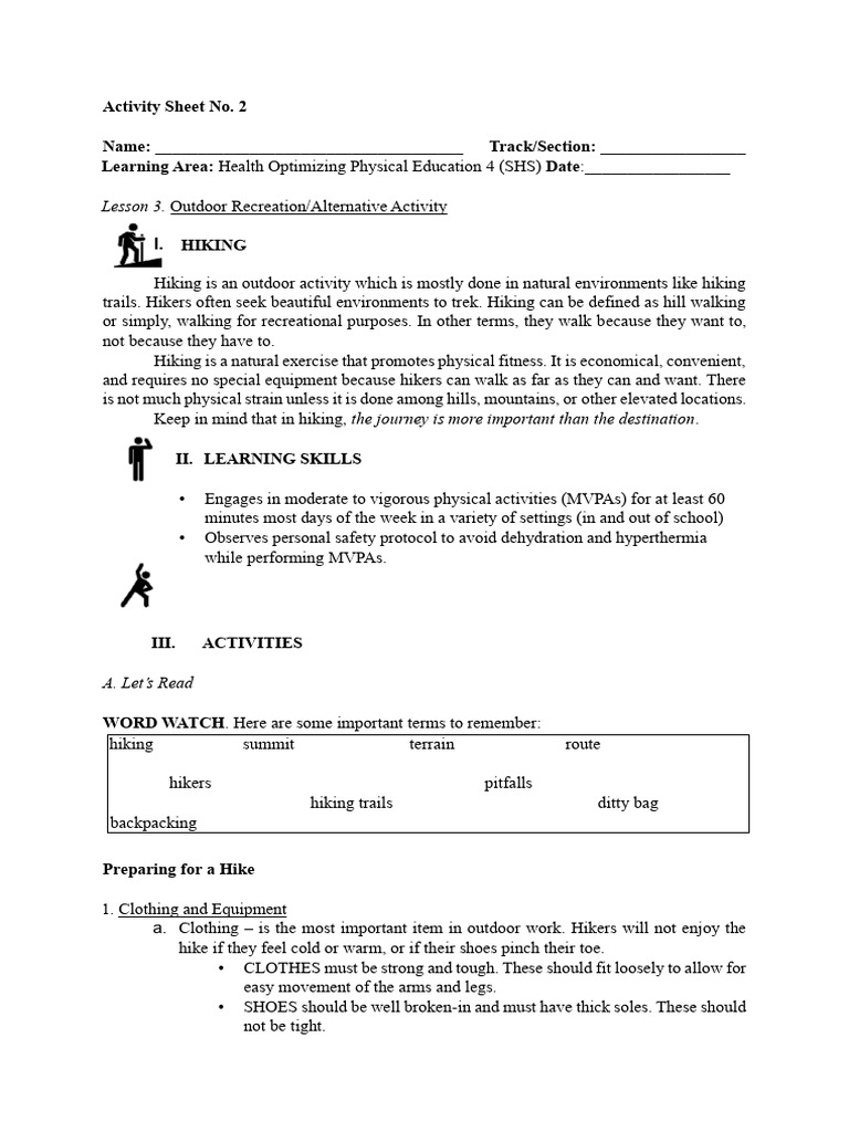 Hiking-Activity Sheet-Week 2 and 3 G12 PE | PDF | Hiking | Backpack