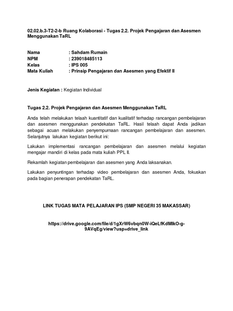 02.02.b.3-T2-2-b Ruang Kolaborasi - Tugas 2.2. Projek Pengajaran Dan Asesmen Menggunakan TaRL | PDF