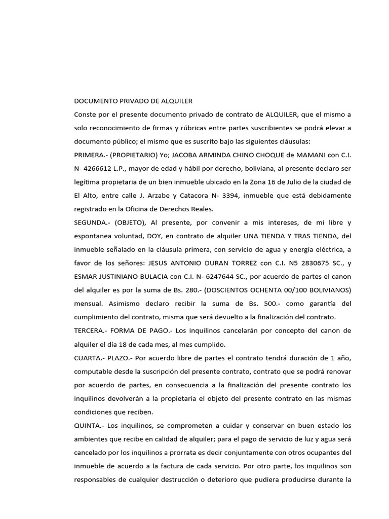 Documento Privado de Alquiler | PDF