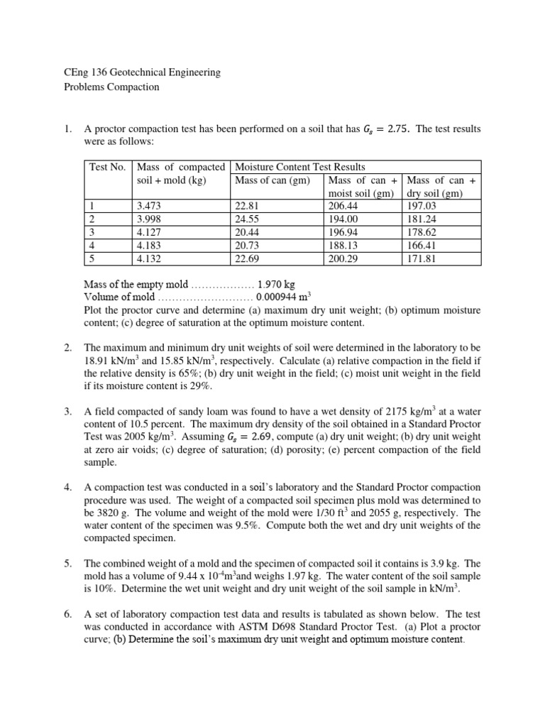 Problems Compaction | PDF | Density | Soil