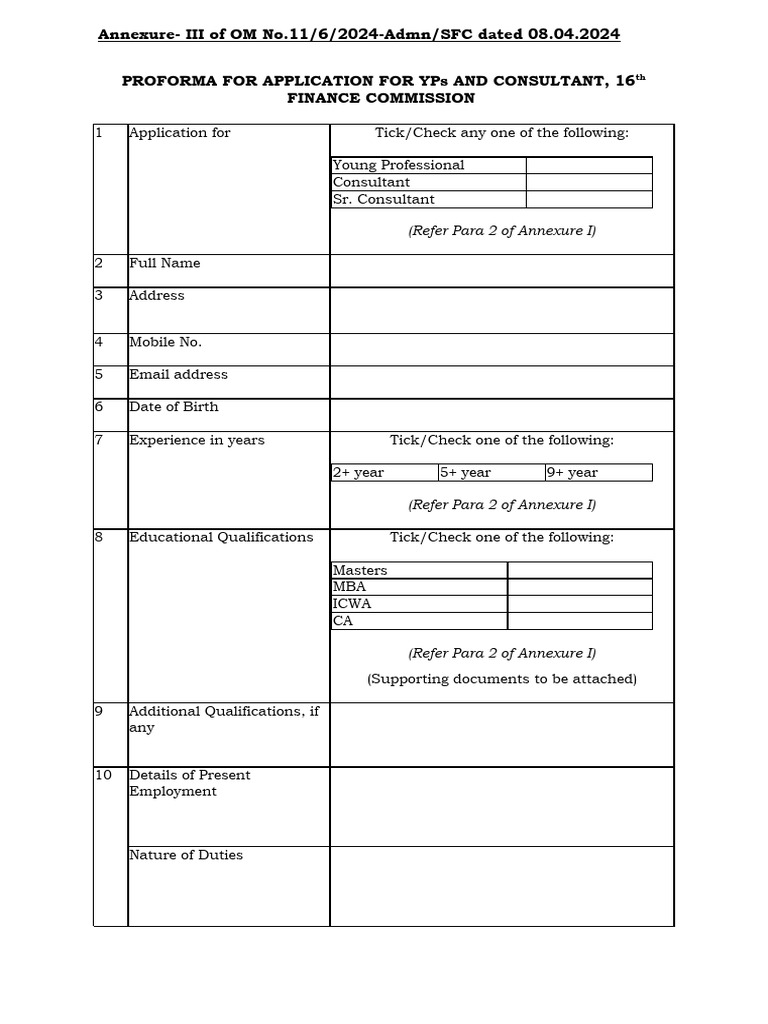 PROFORMA FOR APPLICATION FOR YPs AND CONSULTANT, 16th FINANCE ...