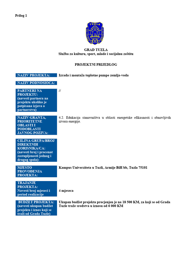 Prilog 1 - Projektni Prijedlog 1 | PDF