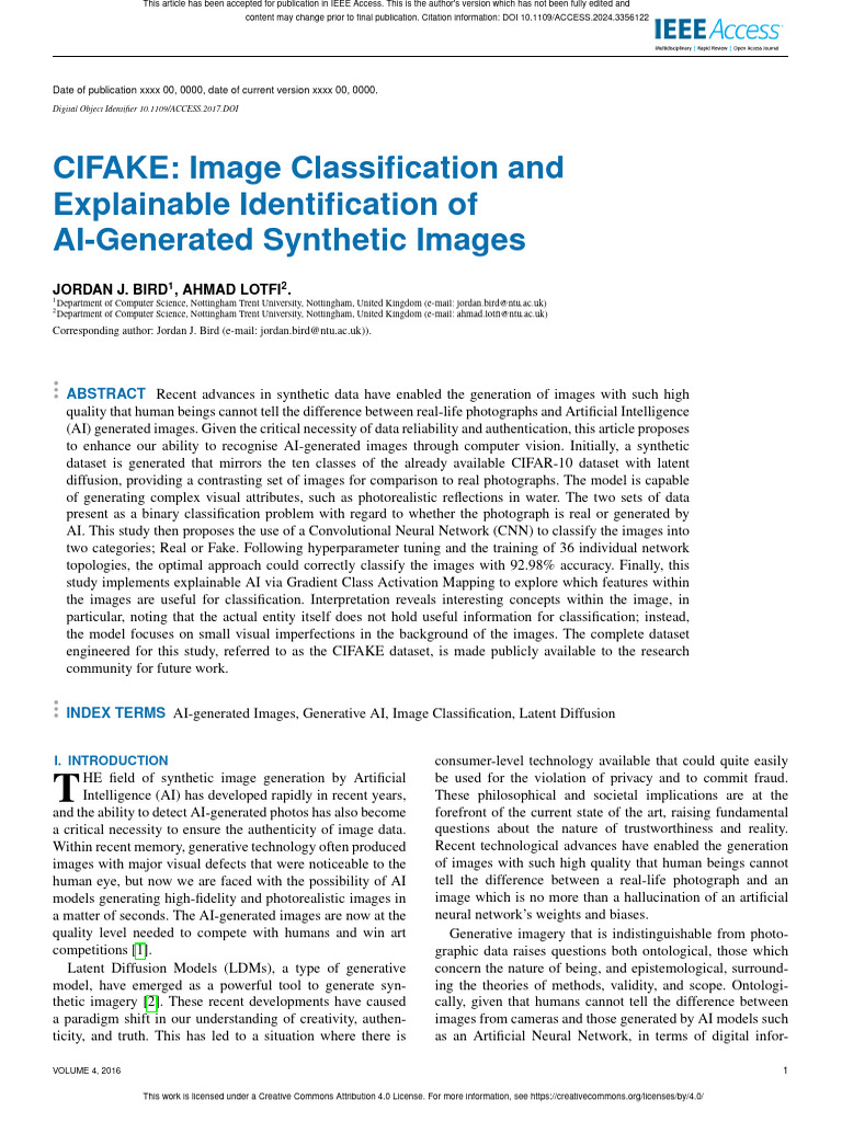 AI Image Detection with CIFAKE Dataset | PDF | Computer Vision ...
