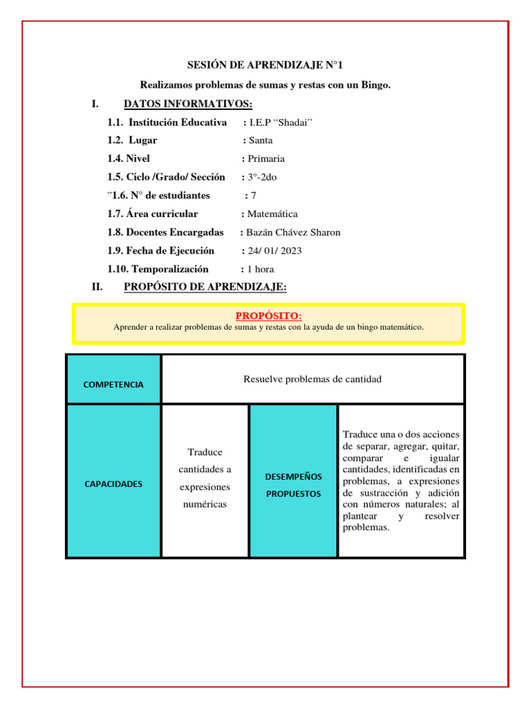 SESIÓN DE APRENDIZAJE DE Matematica | PDF | Aprendizaje