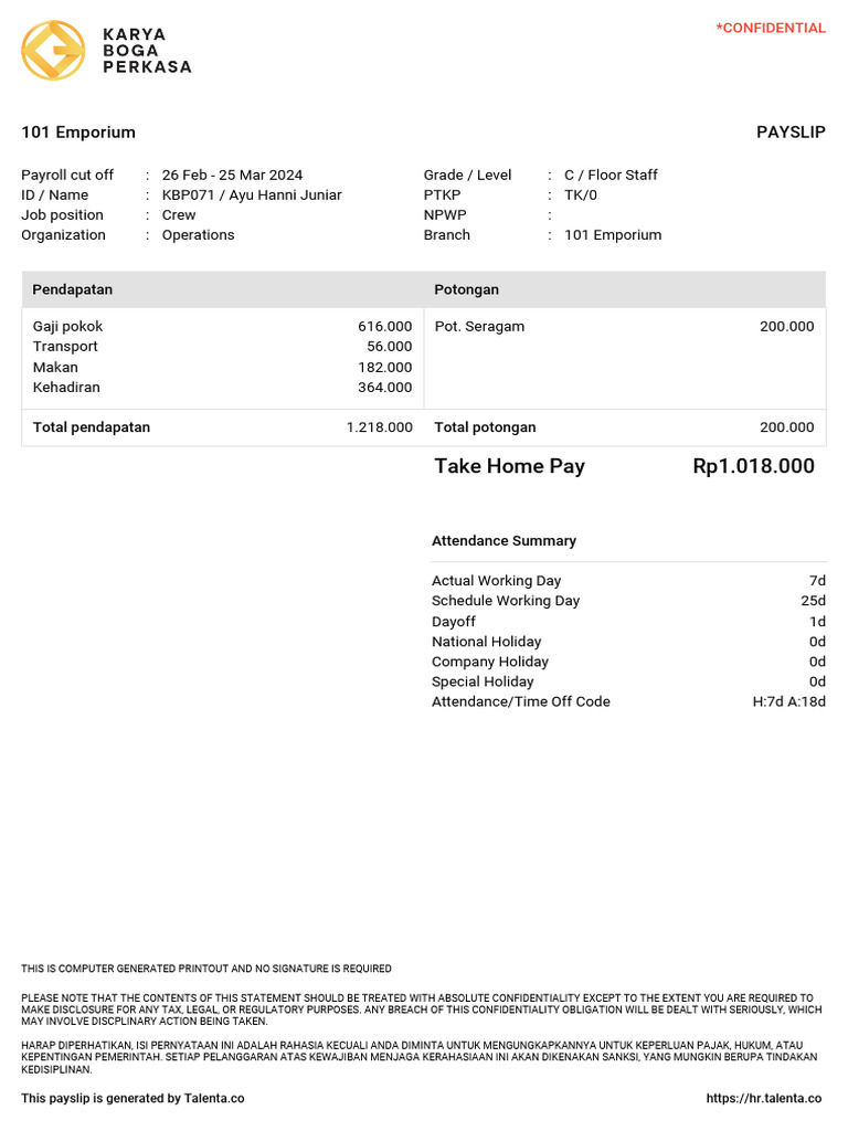 Talenta Payslip 101 Emporium Mar 2024 Ayu Hanni Juniar | PDF | Payments
