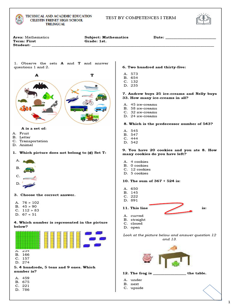 1° Math Test by Competences - I Trimester | PDF | Mathematics | Science