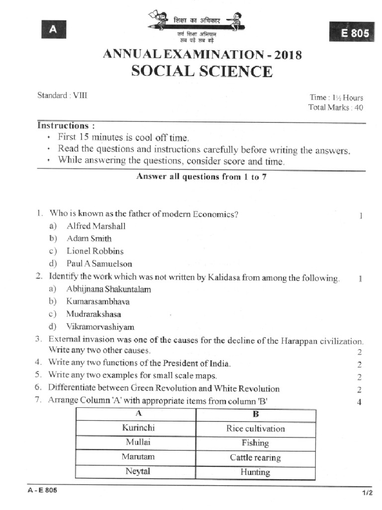 Kerala Class 8 Annual Exam Question Paper 2018 - SOCIAL SCIENCE (EM) | PDF