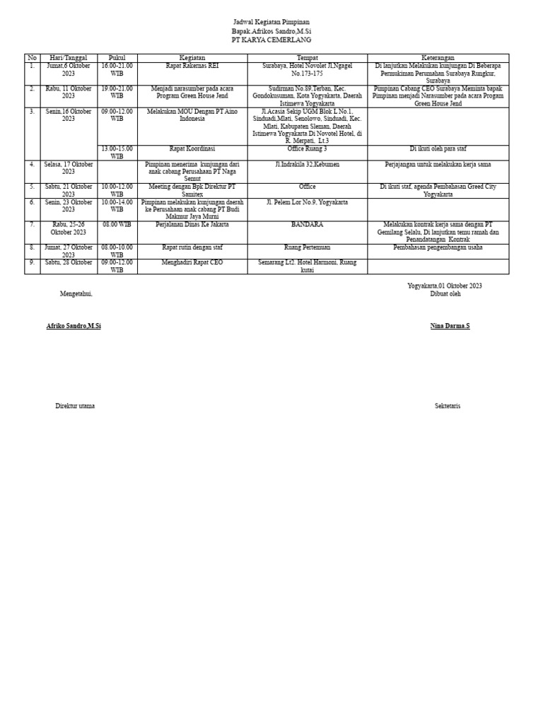 Jadwal Kegiatan Pimpinan Nina Darma PT Karya Cemerlang | PDF