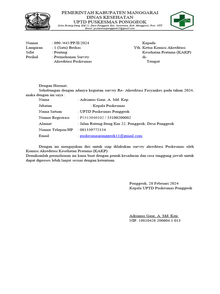 Surat-Permohonan-Survei Akreditasi Ponggeok | PDF Surat-Permohonan-Survei Akreditasi Ponggeok | PDF