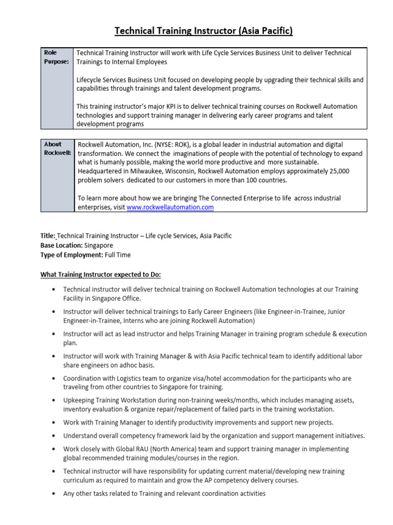 Technical Training Instructor - Job Description | PDF | Automation ...