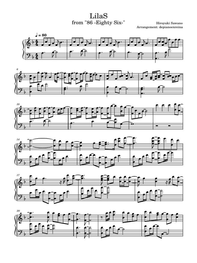 LilaS Hiroyuki Sawano From 86 - Eighty Six - Piano Solo Arrangement For ...