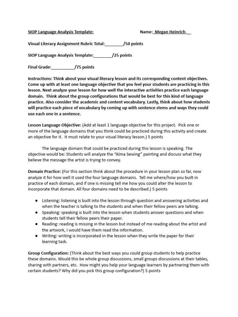 Siop Language Analysis Template Fall 2020 2 | PDF | Vocabulary | Sewing