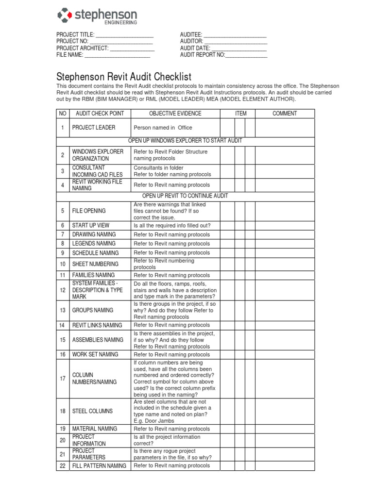 SE - Revit Audit Checklist | PDF | Autodesk Revit | Audit