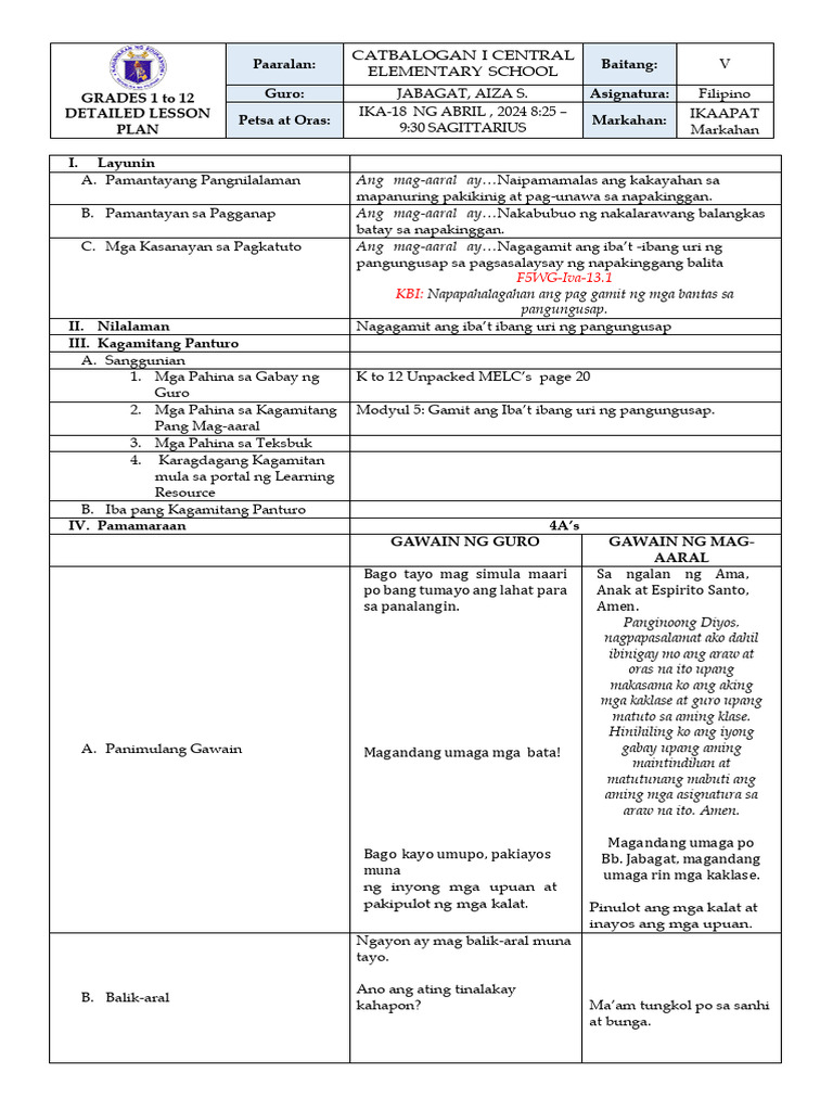 FILIPINO Detailed Lesson Plan | PDF