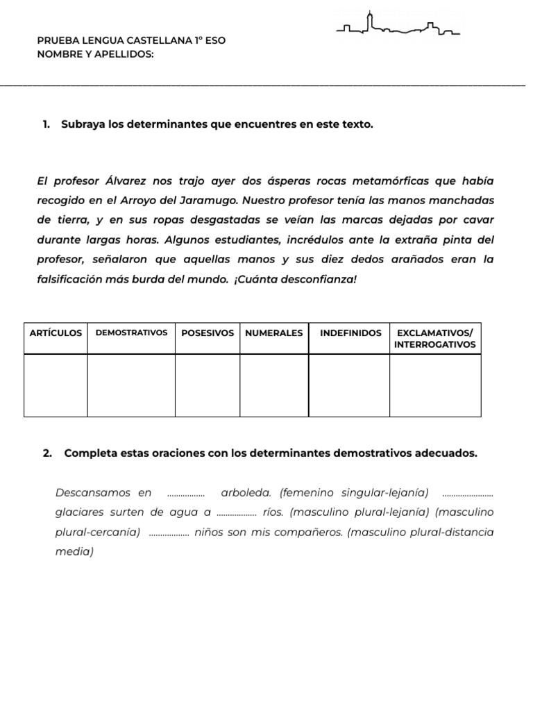 Examen Sustantivo, Determinante, Adjetivo y Acentuación 1º Eso | PDF ...