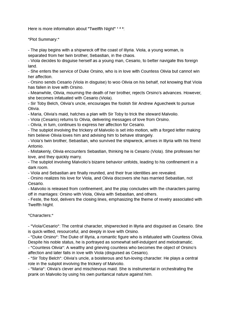 More notes twelfth night | PDF | Twelfth Night | Shakespearean Comedies