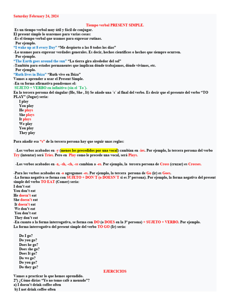 Presente Simple y Presente Continuo 6° y 7° | PDF | Verbo | Relaciones ...