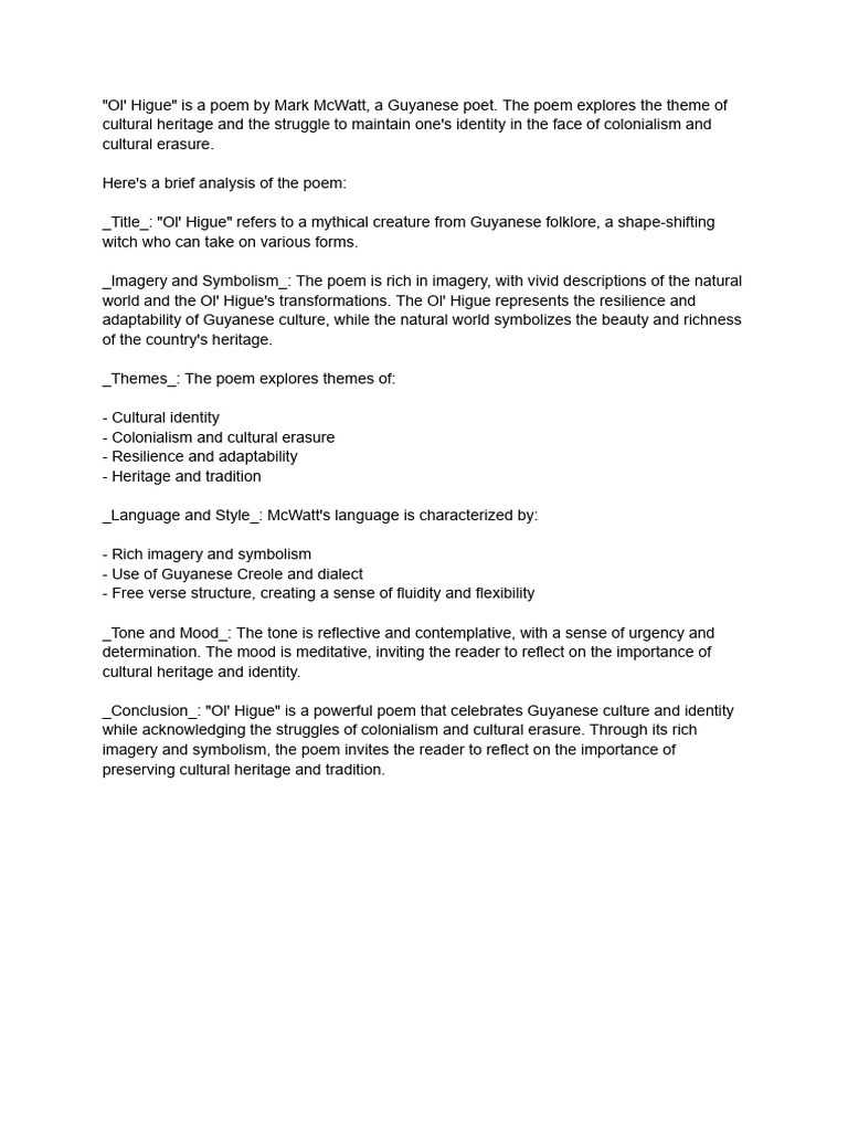 Guyanese Heritage in "Ol' Higue" | PDF | General Fiction