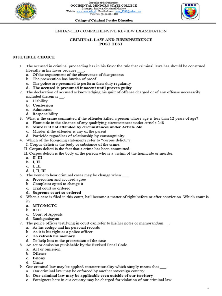 CLJ Post Test | PDF | Criminal Law | Murder