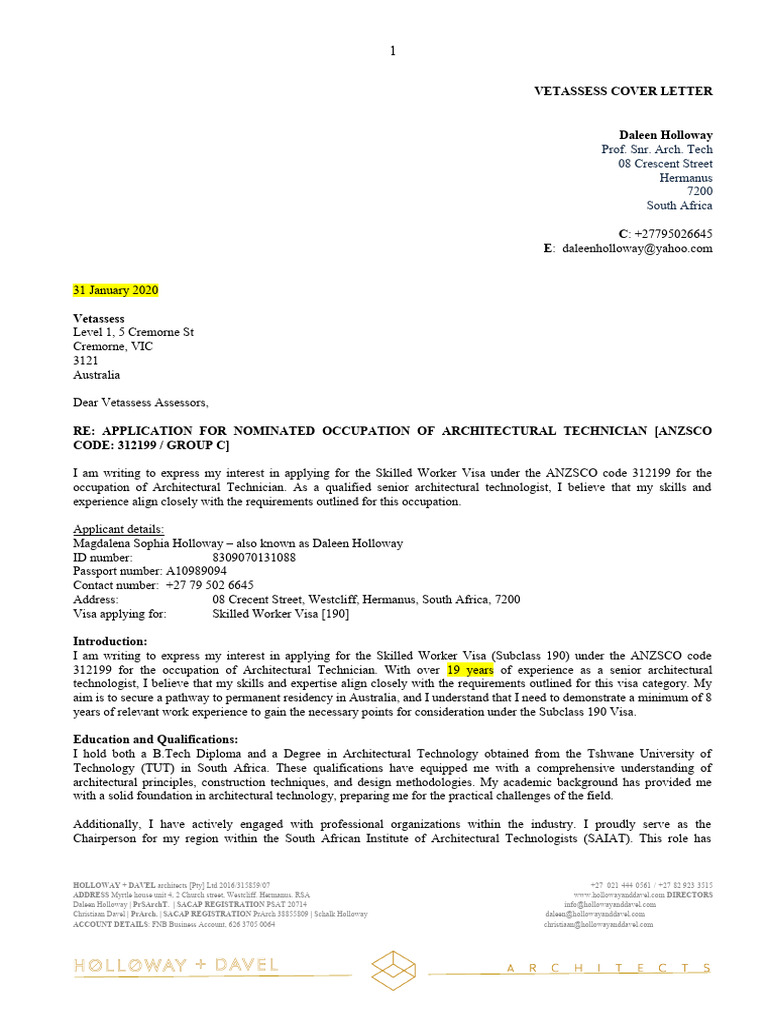Vetassess Cover Letter for Visa Application | PDF | Architect