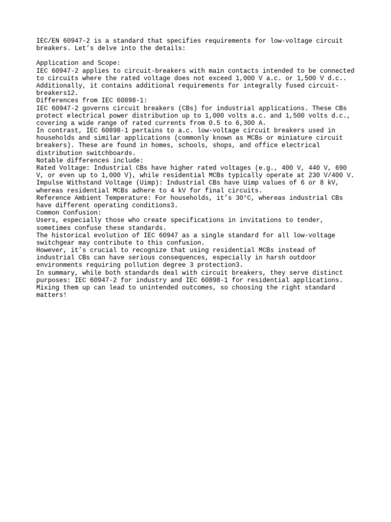 IEC 60947-2 For Industry and IEC 60898-1 For Residential Applications | PDF