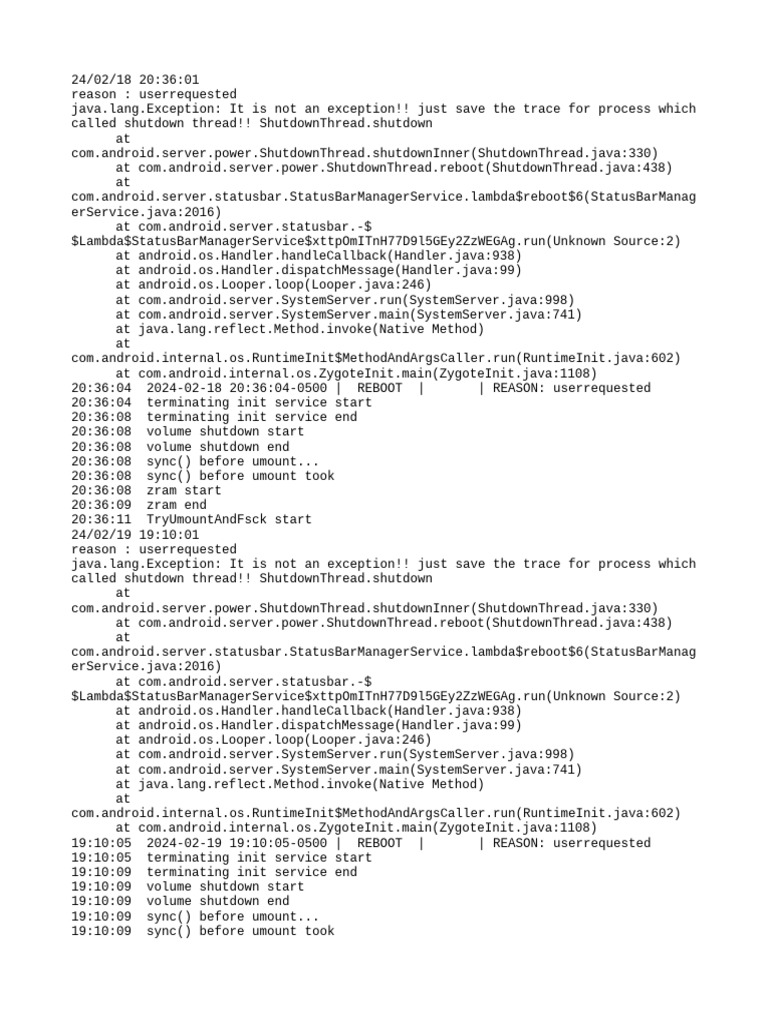 Android Shutdown and Reboot Logs | PDF | Java (Programming Language) | Object Oriented Programming