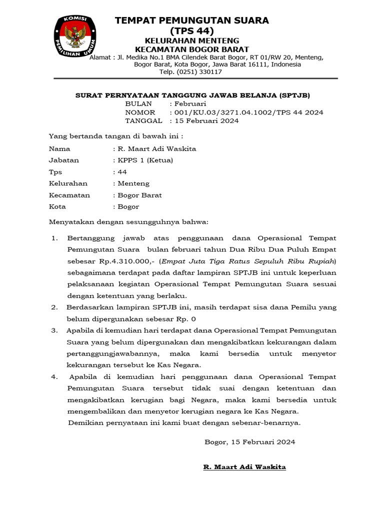 Tempat Pemungutan Suara (TPS 44) : Surat Pernyataan Tanggung Jawab ...