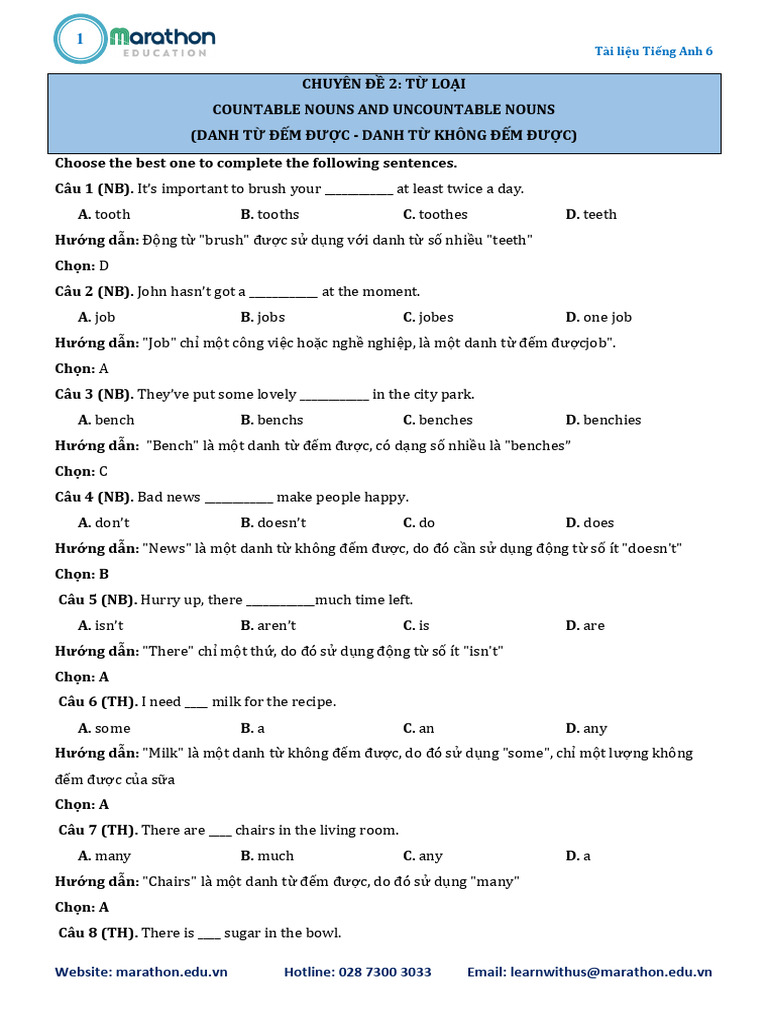 Exercises Countable Nouns And Uncountable Noun Key Pdf