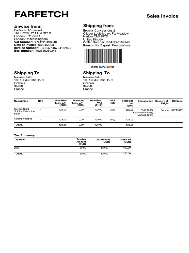 Facture Farfetch - 2023 | PDF