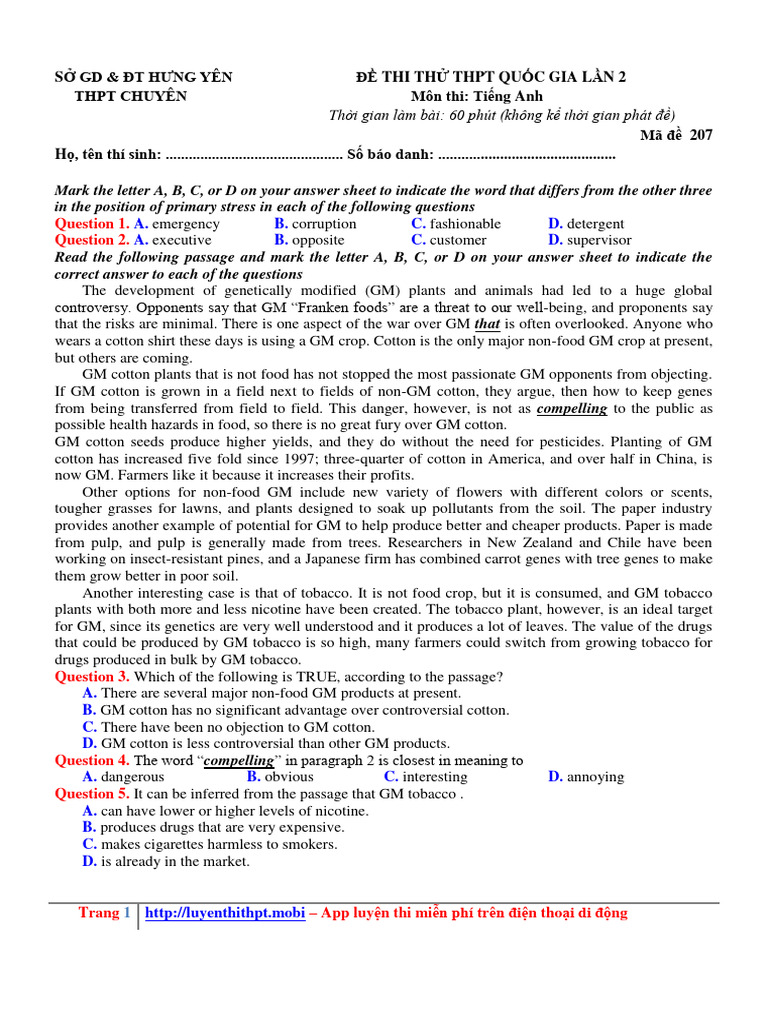 De Chuyen Hung Yen Lan 2 | PDF | Oceans | Water