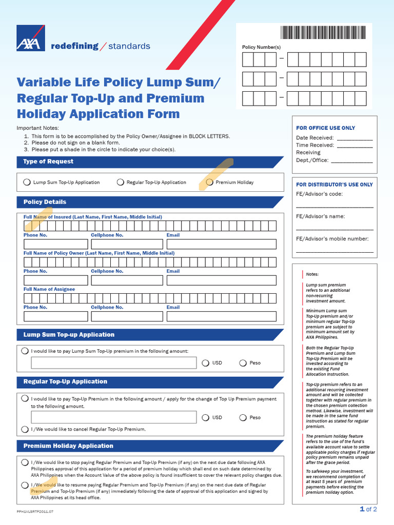 Pph1Vlsrtp : Variable Life Policy Lump Sum/ Regular Top-Up and Premium ...