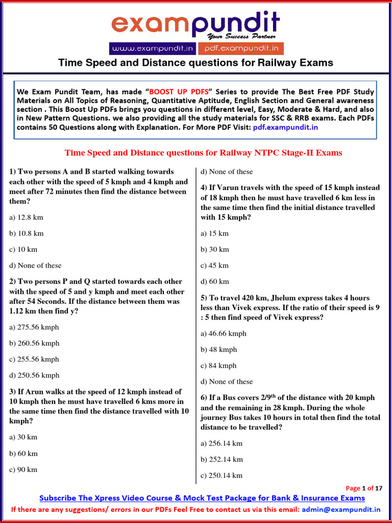 Time Speed and Distance Questions for NTPC | PDF | Speed | Train