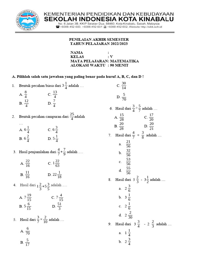 Soal Uas MTK Kelas 5 | PDF