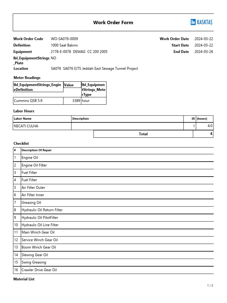 WO SA076 0009 WorkOrder | PDF | Mechanical Engineering