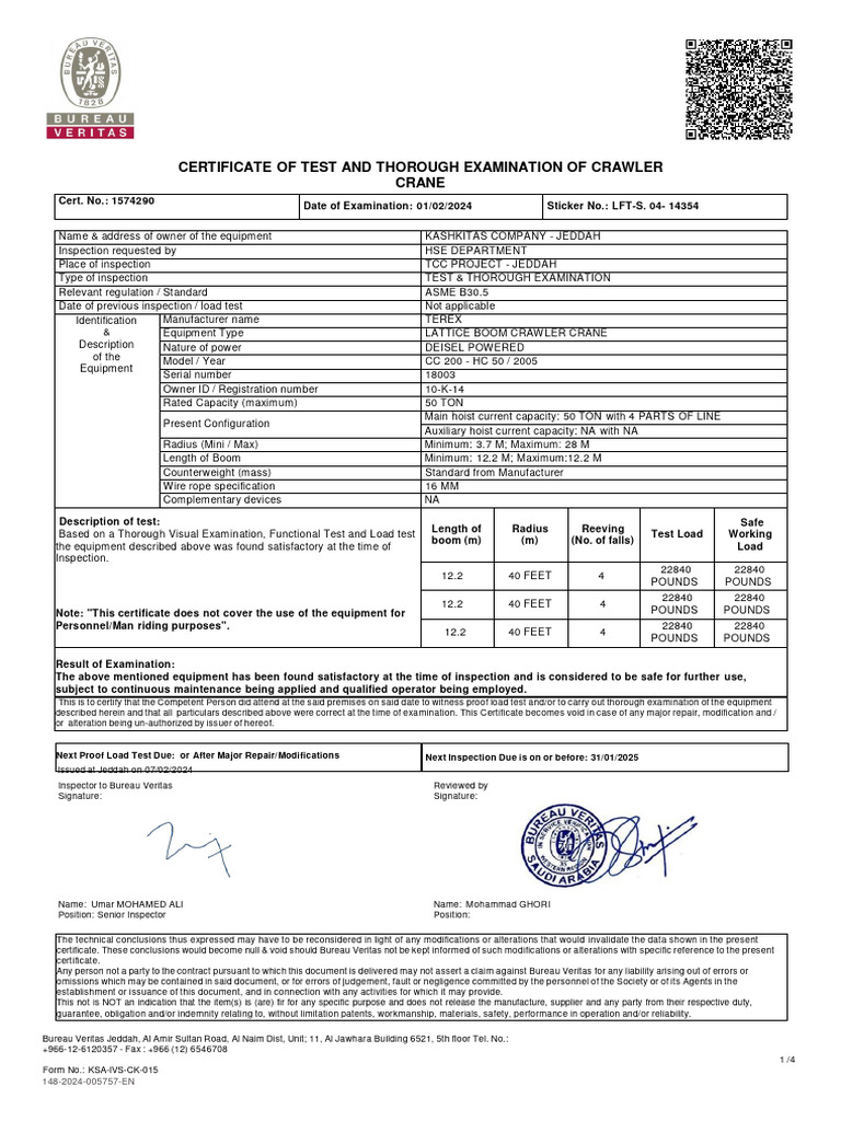 BV Inspection Certificate - KASKATAS - Crawler CraneLFT-S. 04 - 14354 ...