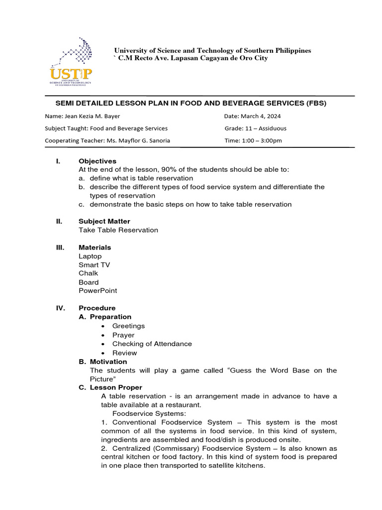 Semi Detailed Lesson Plan FBS Table Reservation | PDF | Foodservice