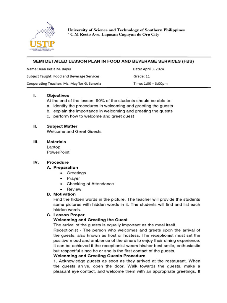 Semi Detailed Lesson Plan Welcome and Greeting Guests | PDF | Waiting ...