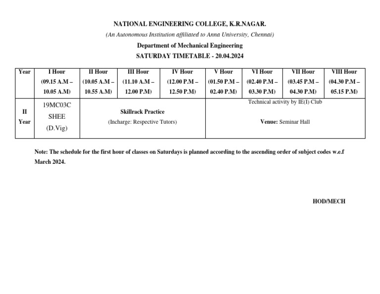 Saturday Timetable for Mechanical Engineering - April 2024 | PDF