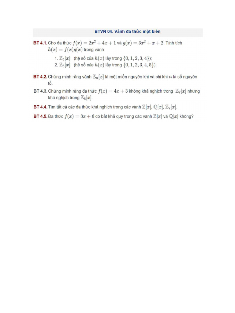 BTVN 04. Vành Đa Thức Một Biến | PDF