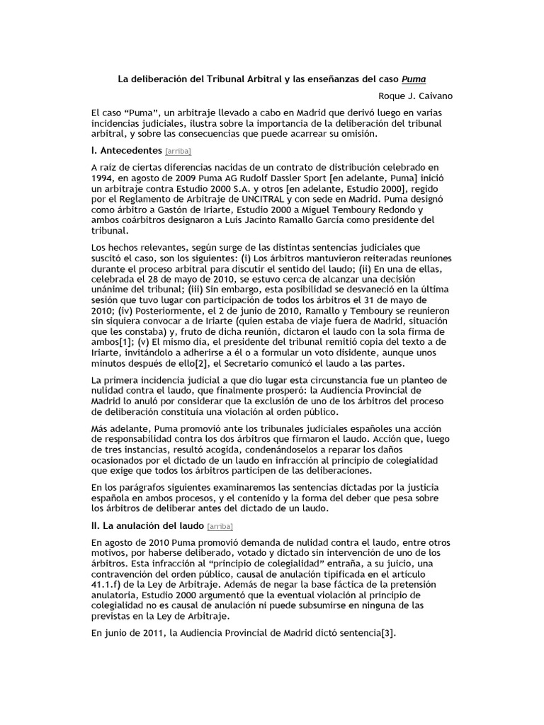 La Deliberación Del Tribunal Arbitral - FALLO PUMA | PDF | Sentencia ...