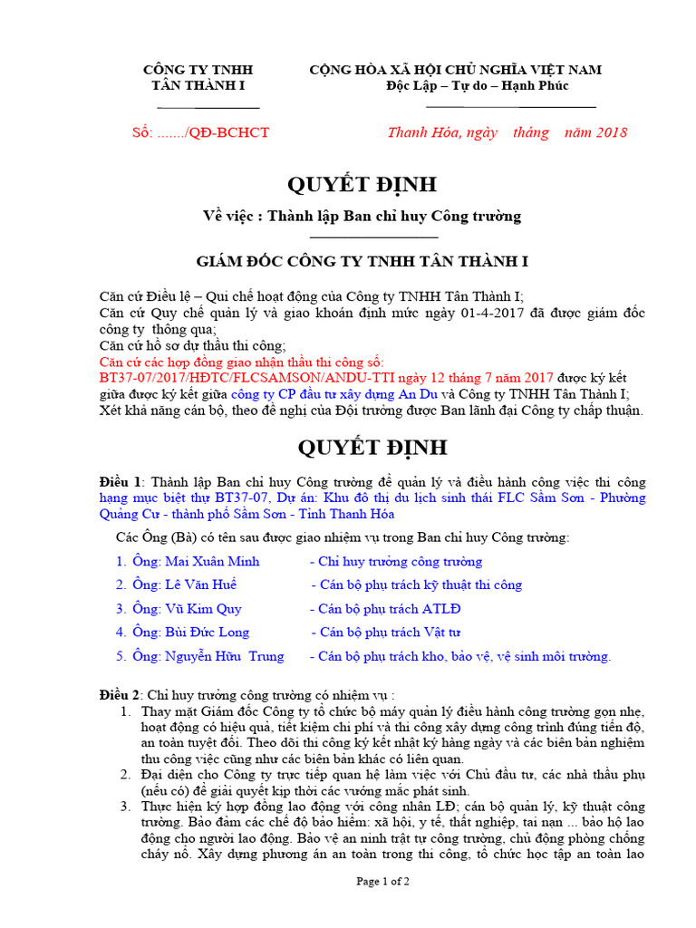 1.3 Quyet Dinh Thanh Lap Ban Chi Huy Cong Truong | PDF
