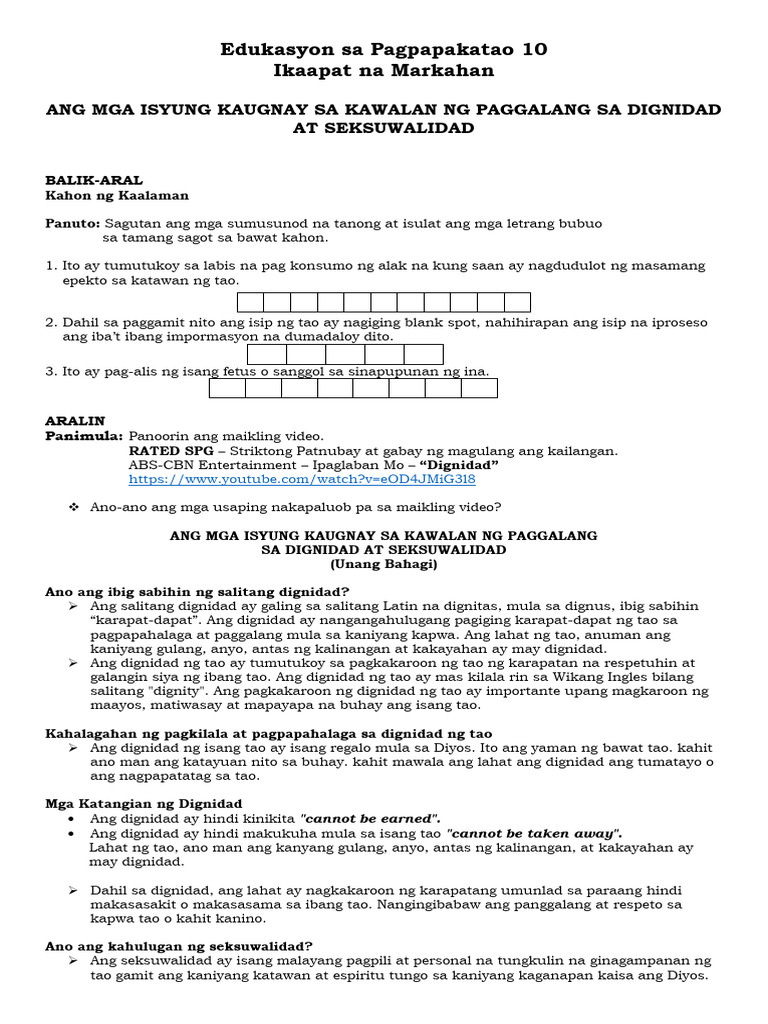 ESP 10 4th Quarter Week 1 For Asynchronous Lessons | PDF