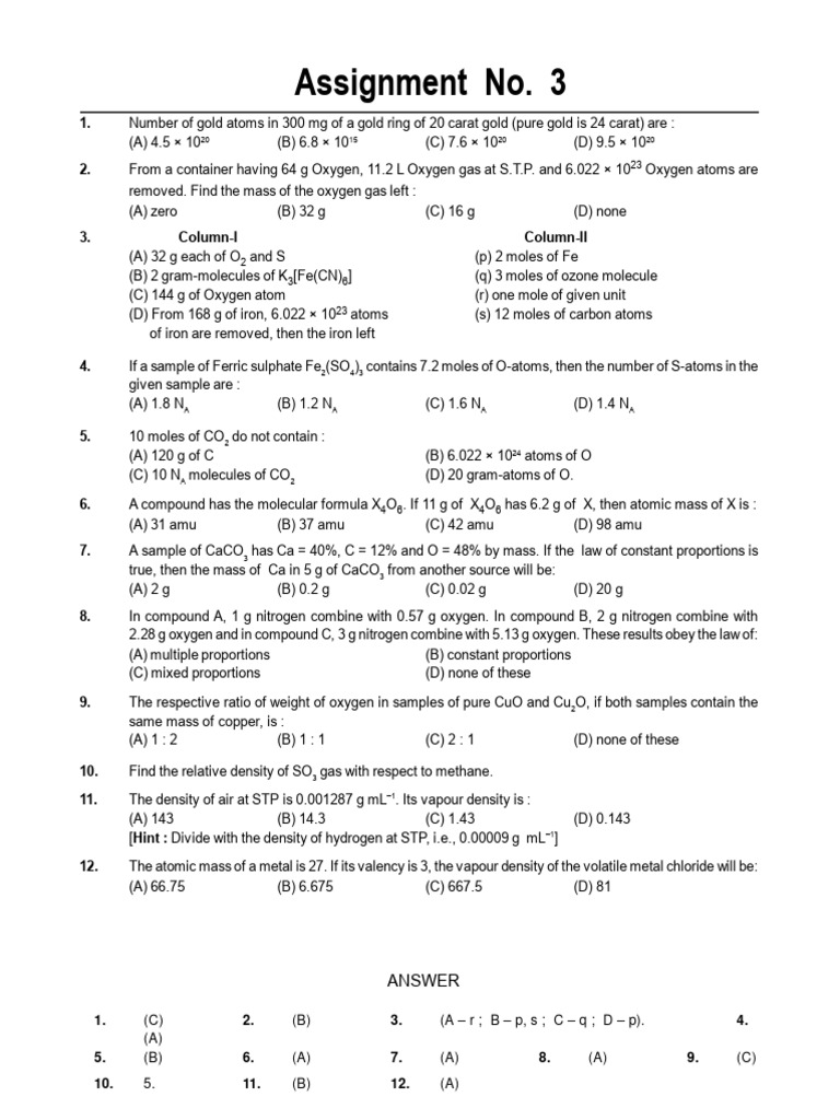 Assignment No. 3: Answer | PDF | Mole (Unit) | Molecules