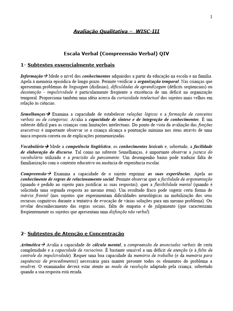 Avaliação Qualitativa WISC-III | PDF | Memória | Aprendizado