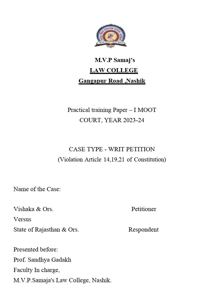 Vishaka Case Moot Court 2023-24 | PDF | Sexual Harassment | Discrimination
