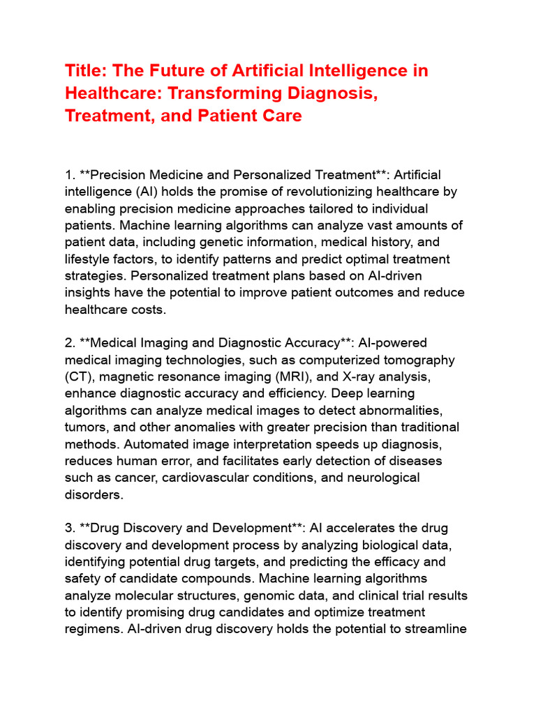 The Future of Artificial Intelligence in Healthcare - Transforming Diagnosis, Treatment, and ...