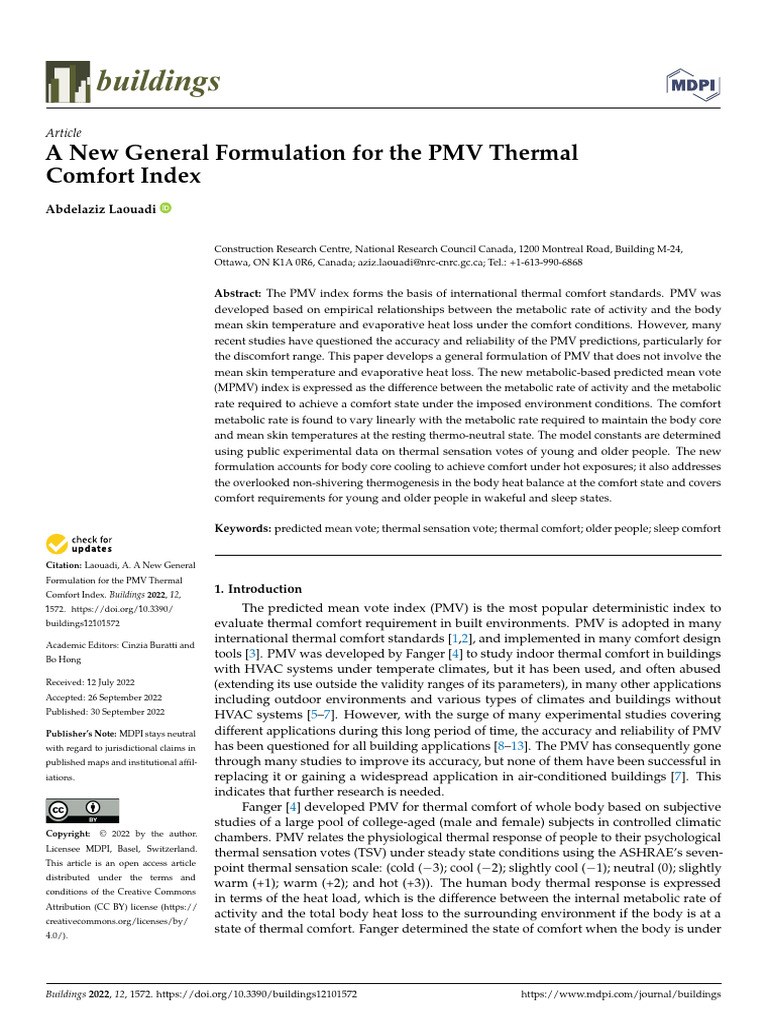 A New General Formulation For The PMV Thermal Comfort Index | PDF | Heat Transfer | Thermodynamics