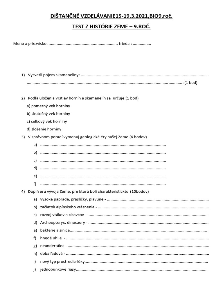 BIO9.Roc - Test Historia Zeme | PDF